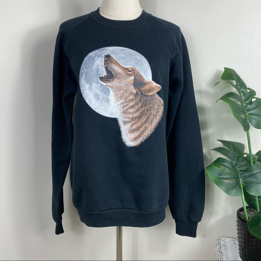 Vintage 90s Wolf Howling Graphic Black Crewneck Sweat… - Gem